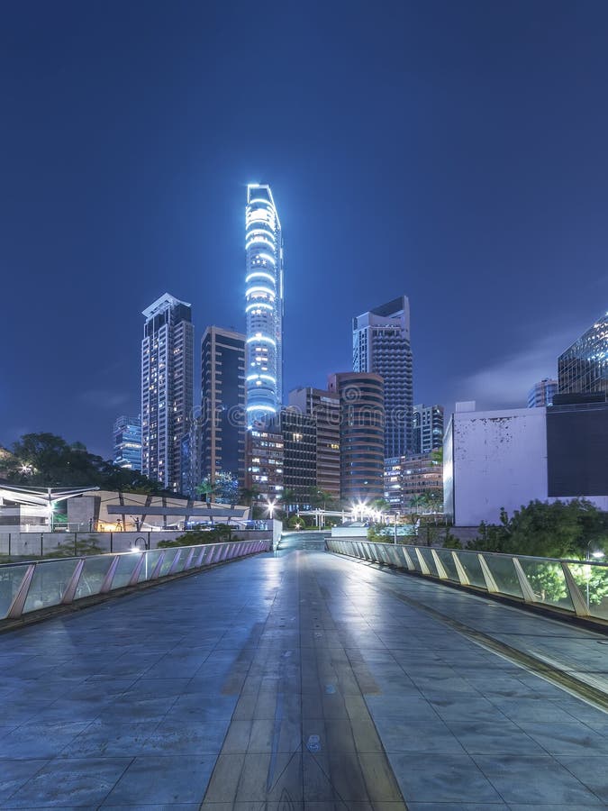 Skyline and Pedestrian Walkway of Downtown of Hong Kong City at Night ...