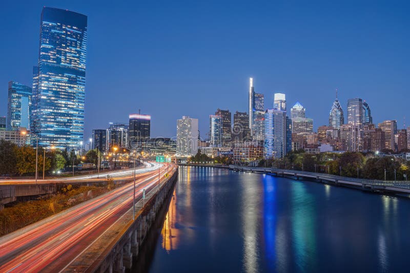 The Skyline of Downtown Philadelphia at Night Stock Photo - Image of ...