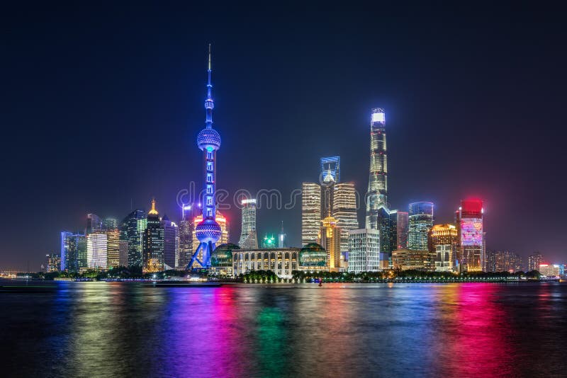 The Skyline of Downtown Shanghai during Night Time Stock Image - Image ...