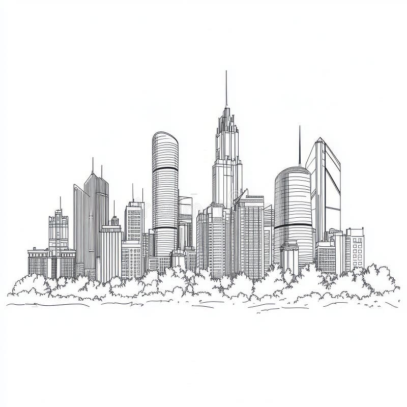 Skyline Drawing Modern City Architecture Skyscrapers Trees Stock ...