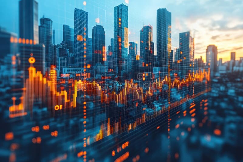 Dynamic City Skyline at Sunset with Financial Data Visualization ...