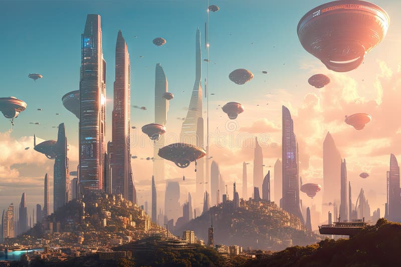 Skyline of Futuristic City, with Towering Buildings and Flying Cars ... Skyline of Futuristic City, with Towering Buildings and Flying Cars ...