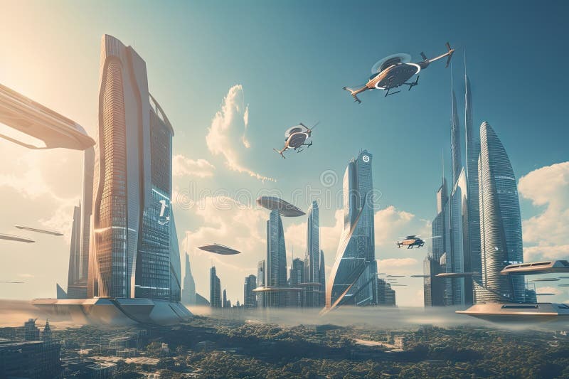 Skyline of Futuristic City, with Towering Buildings and Flying Cars ... Skyline of Futuristic City, with Towering Buildings and Flying Cars ...
