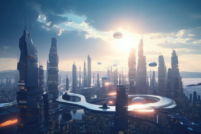 Skyline of Futuristic City, with Towering Buildings and Flying Cars ... Skyline of Futuristic City, with Towering Buildings and Flying Cars ...