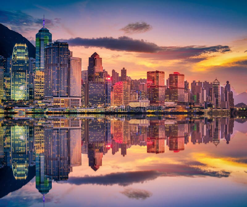 Skyline Hong Kong City at Sunset View from Harbor in Hong Kong Stock ...