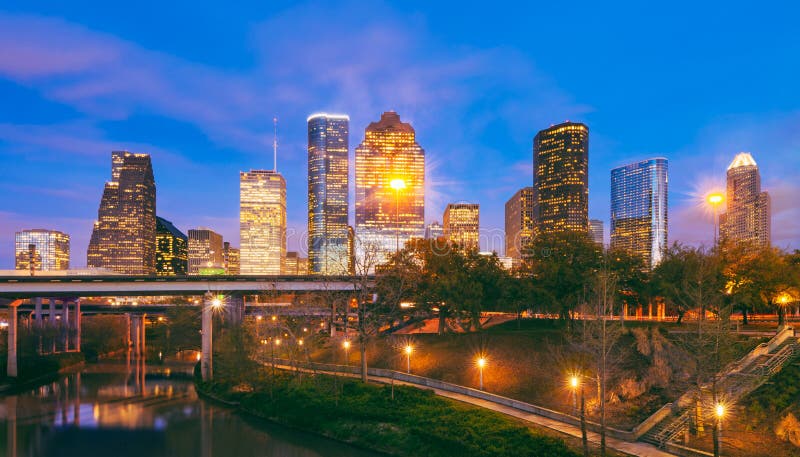 Skyline of Houston Texas at Dusk Stock Image - Image of district, flat ...