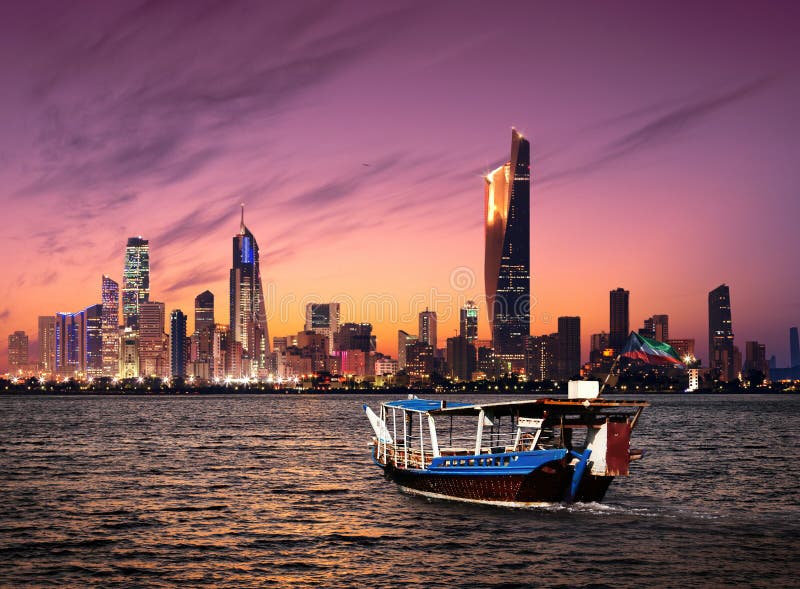 Twilight, Beautiful Kuwait City Skyline Stock Image - Image of lights ...
