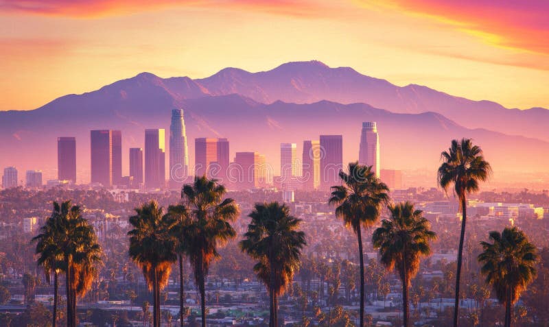 The Skyline of Los Angeles during Sunset Stock Illustration ...