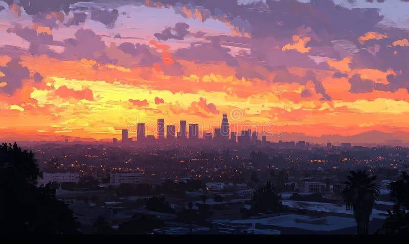 The Skyline of Los Angeles during Sunset Stock Illustration ...