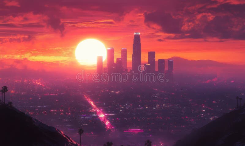 The Skyline of Los Angeles during Sunset Stock Illustration ...