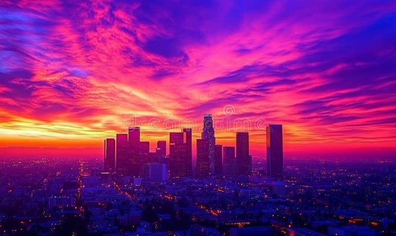 The Skyline of Los Angeles during Sunset Stock Illustration ...