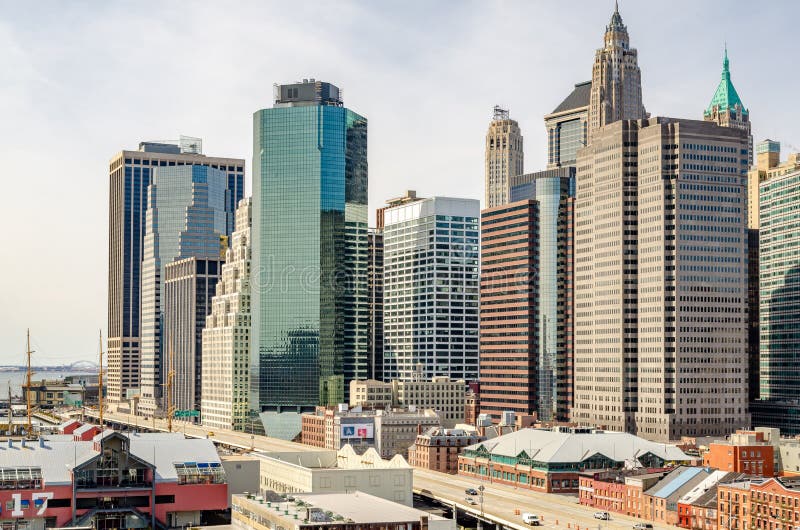 Skyline of Manhattan with Wire Ropes of Brooklyn Bridge in the ...
