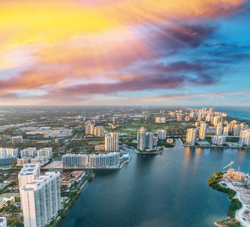 Skyline of Miami Beach, Overhead View at Dusk Stock Image - Image of ...