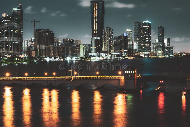 Skyline of Miami Biscayne Bay Reflections, High Resolution. Stock Photo ...