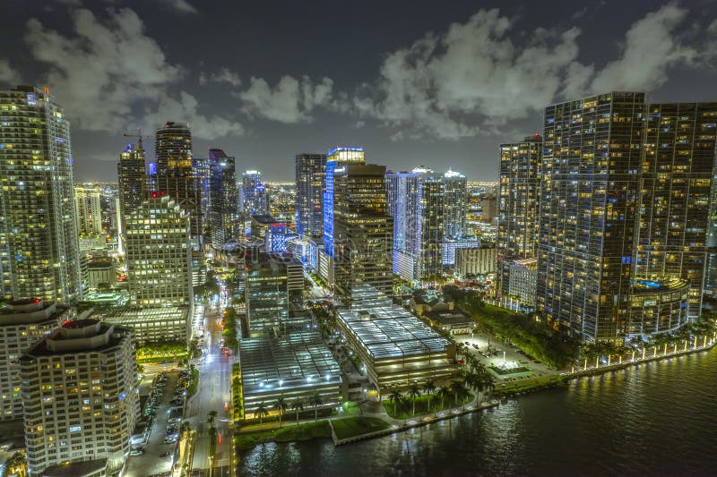 Skyline of Miami City at Night Editorial Photo - Image of lighting ...