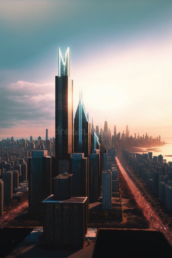 Skyline with Modern Buildings by Seashore, Created Using Generative Ai ...
