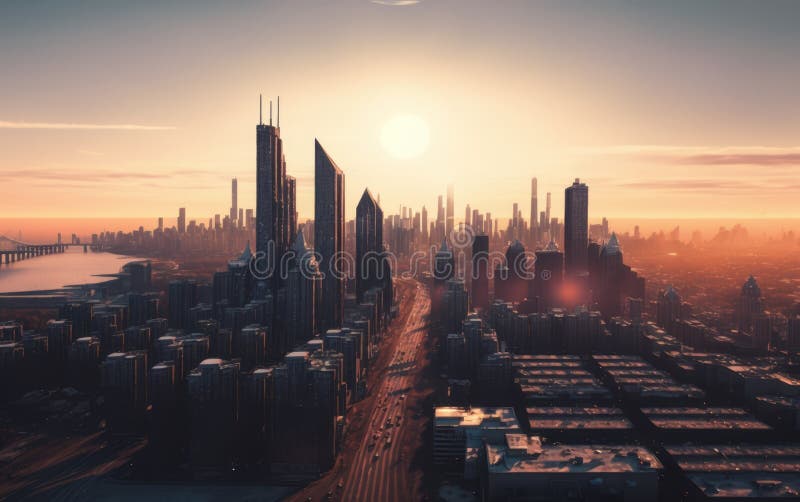 Skyline with Modern Buildings at Sunset, Created Using Generative Ai ...