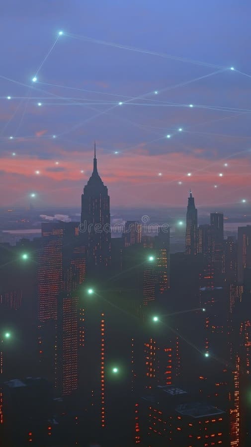 Skyline Network with Glowing Green Nodes at Dawn Stock Illustration ...