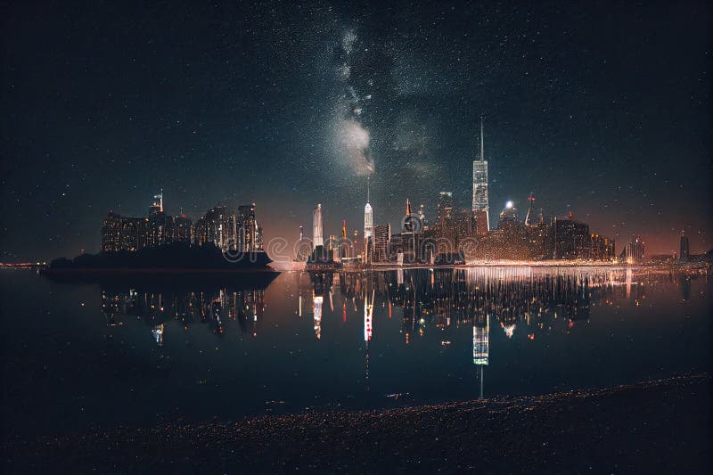 Skyline of New York City at Night, Generative AI . Stock Illustration ...