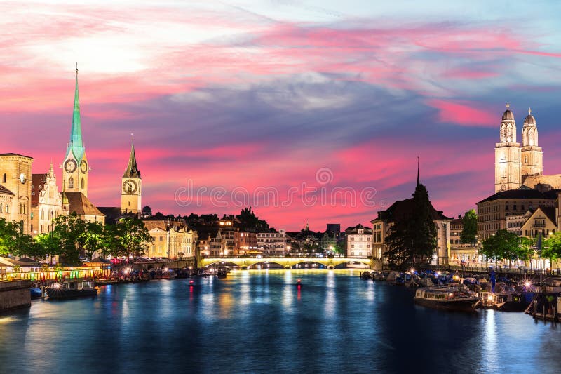 Skyline Night Panorama on the Downtown of Zurich, Switzerland Stock ...