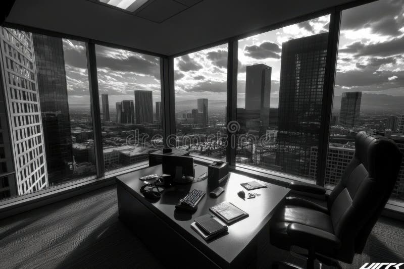 Skyline Office, Black and White Interior View and Modern Workspace and ...