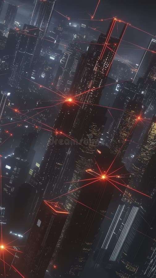 Skyline Panorama Glowing with Red Digital Pathways Stock Illustration ...