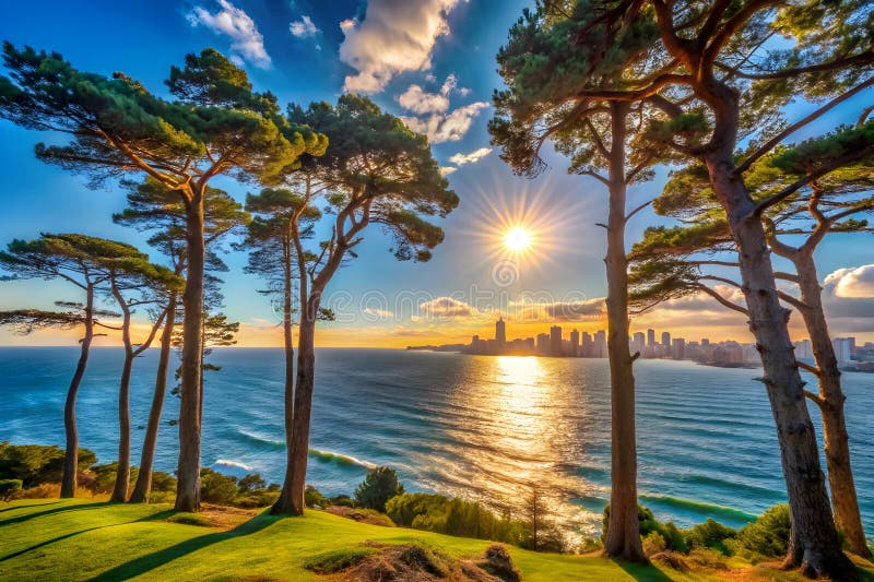 Skyline Panorama with Trees and Sea Stock Illustration - Illustration ...