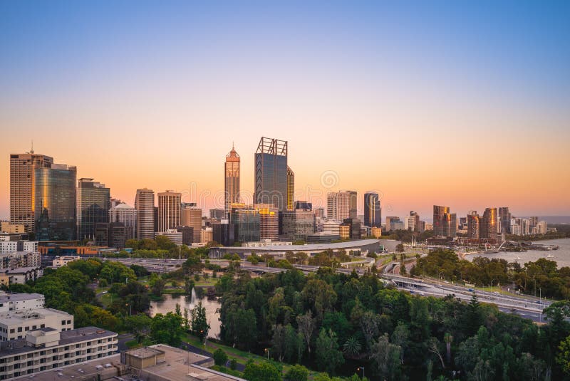 Skyline of Perth, Australia at Night Stock Photo - Image of dusk, long ...