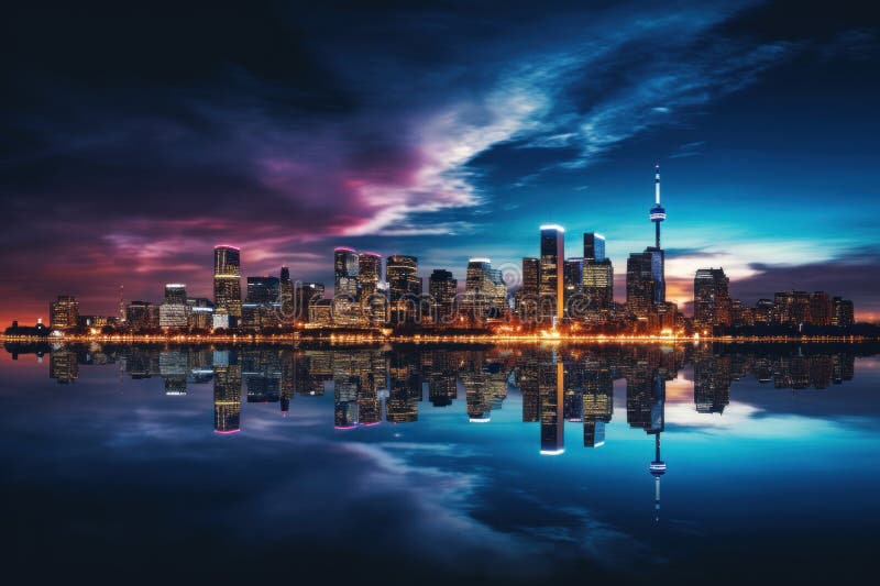A Skyline Picture of a City with a Reflection in the Water Stock ...