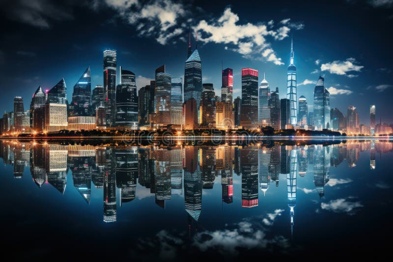 A Skyline Picture of a City with a Reflection in the Water Stock ...