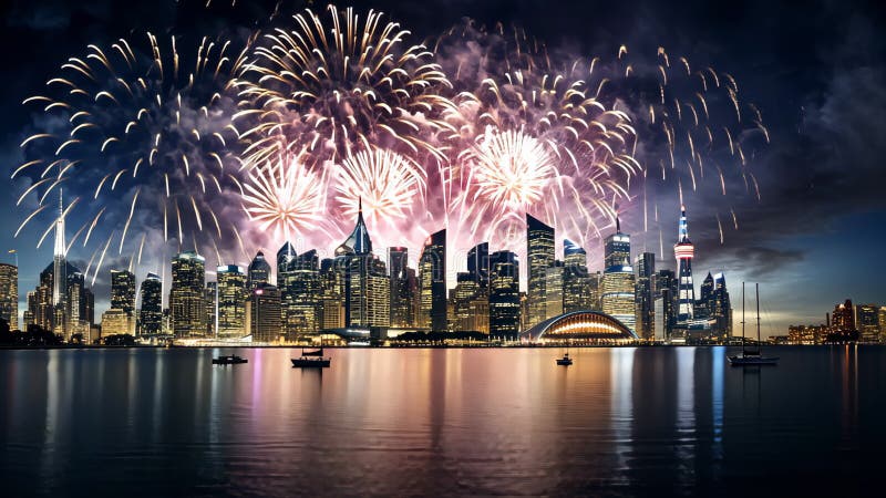 Skyline Reflecting on Water with Fireworks Exploding at Night Stock ...