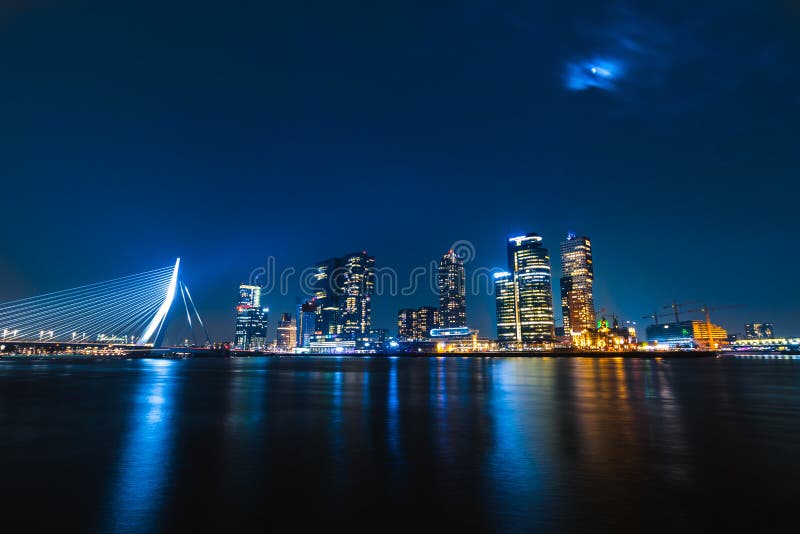 The Skyline of Rotterdam by Night Editorial Photography - Image of ...