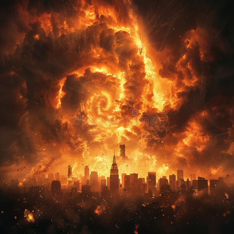 Skyline Silhouetted Against a Hurricane Carrying Fire and Causing ...