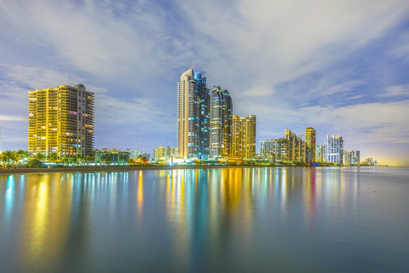 Skyline of Sunny Isles Beach by Night with Reflections at the Surface ...