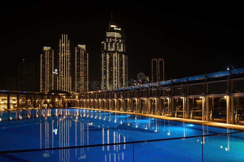 Skyline with Swimming Pool with Reflexion in Front Stock Photo - Image ...
