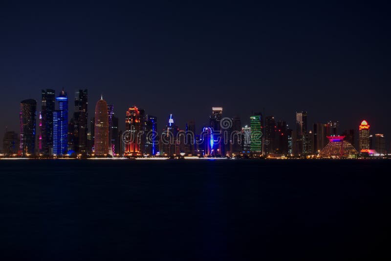 Skyline of West Bay Skyscrapers, at Night from the Corniche. Doha ...