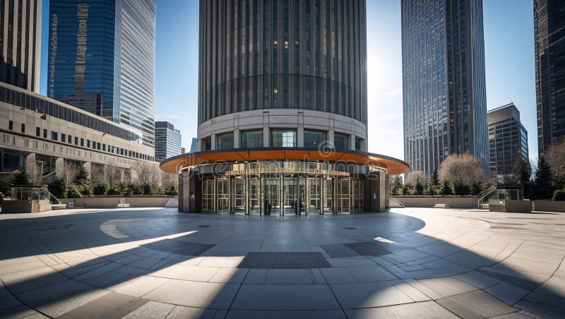 Skyscraper Base with Revolving Doors and Wide Plaza Shadowed by Office ...