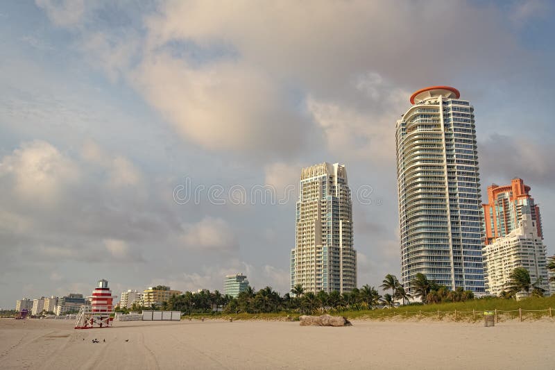 Skyscraper Building Architecture in Miami with Lifeguard Tower. Photo ...