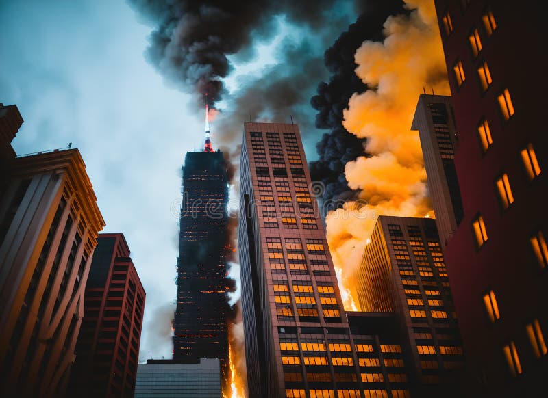 Skyscraper Burning in Evening Time. Contemporary Tall Skyscraper with ...