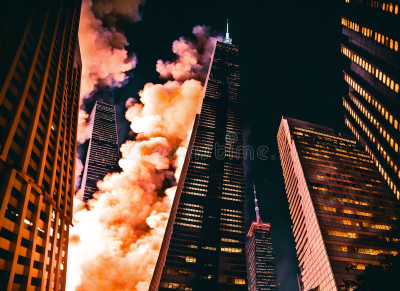 Skyscraper Burning in Nighttime. Contemporary Tall Skyscraper with ...