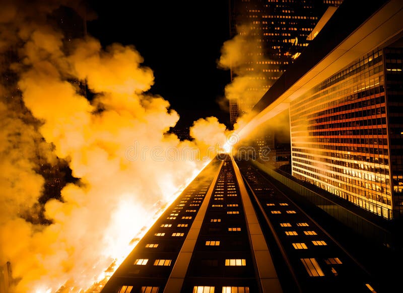 Skyscraper Burning in Nighttime. Contemporary Tall Skyscraper with ...