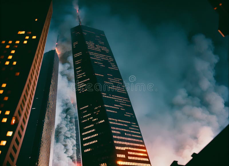 Skyscraper Burning in Nighttime. Contemporary Tall Skyscraper with ...