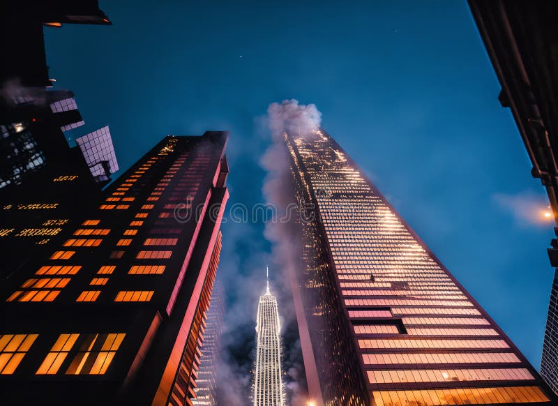 Skyscraper Burning in Nighttime. Contemporary Tall Skyscraper with ...