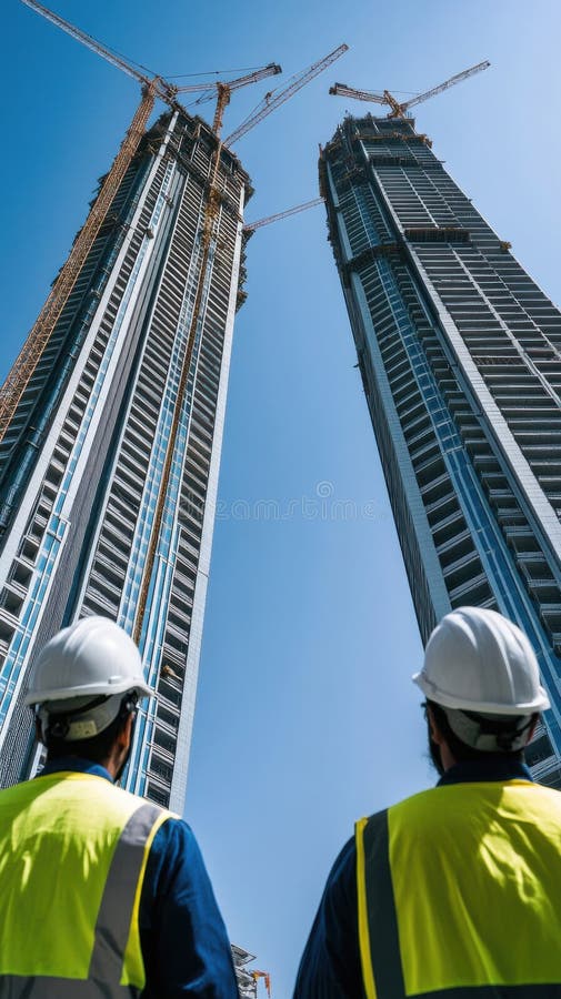 Skyscraper Construction Engineering with Cranes and Safety Gear Under Blue Skies Stock ...