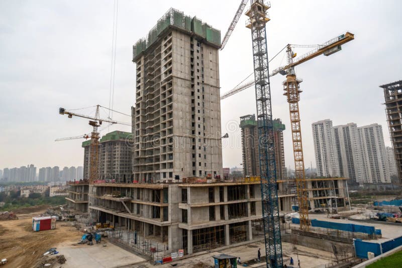 Skyscraper Construction with Tower Crane on Housing Site Stock Illustration - Illustration of ...