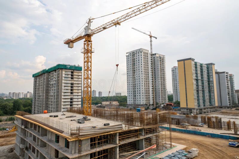 Skyscraper Construction with Tower Cranes Stock Illustration ...