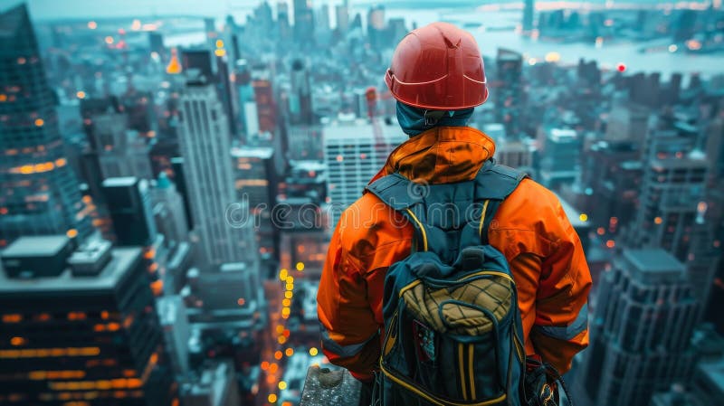Skyscraper Construction Worker in Dramatic Pose Against Cityscape ...