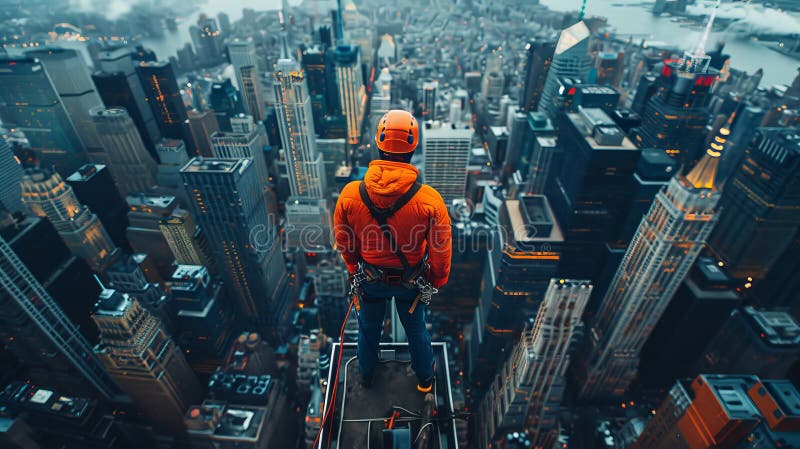 Skyscraper Construction Worker in Dynamic Pose Against Dramatic ...