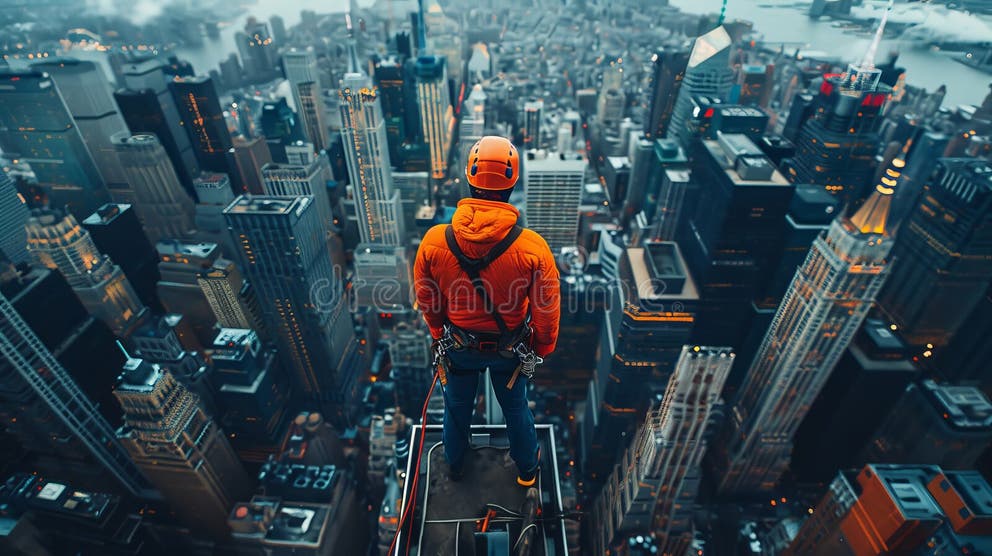 Skyscraper Construction Worker in Dynamic Pose Against Dramatic ...