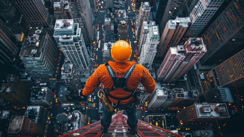Skyscraper Construction Worker Dynamic Pose in High Altitude Cityscape ...